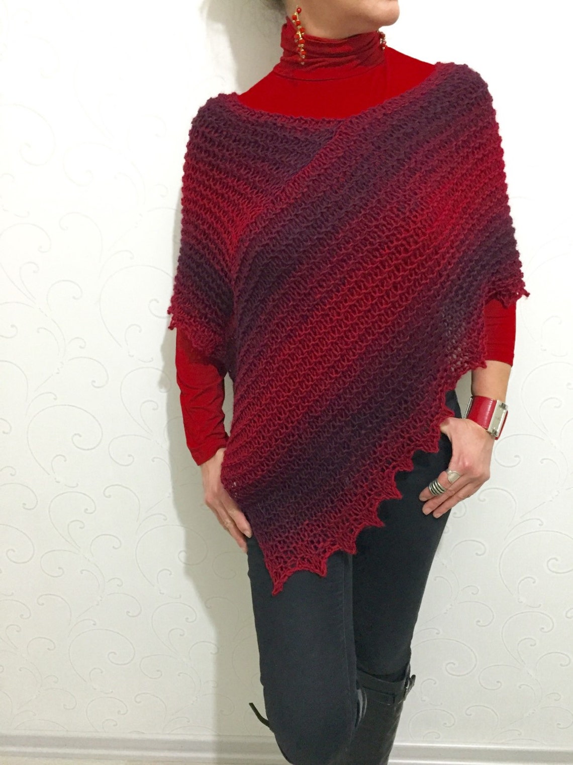 Red Wool Poncho, Red and Burgundy Poncho Sweater, Knit Shawl, Knitted ...