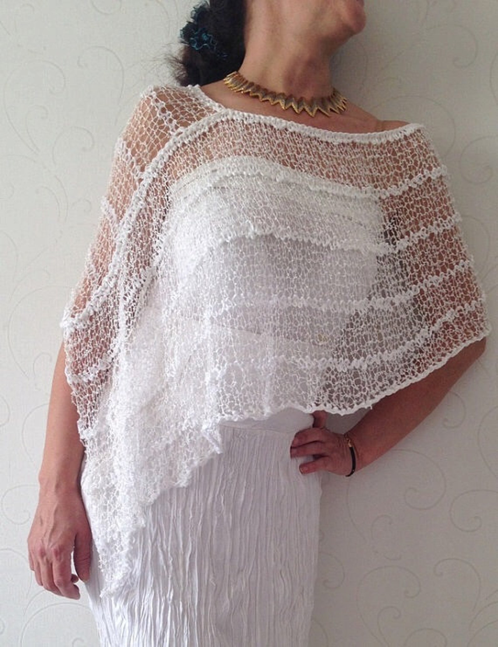 Summer White Poncho, Wedding Shrug, Bridal Poncho, Knit Summer Top ...