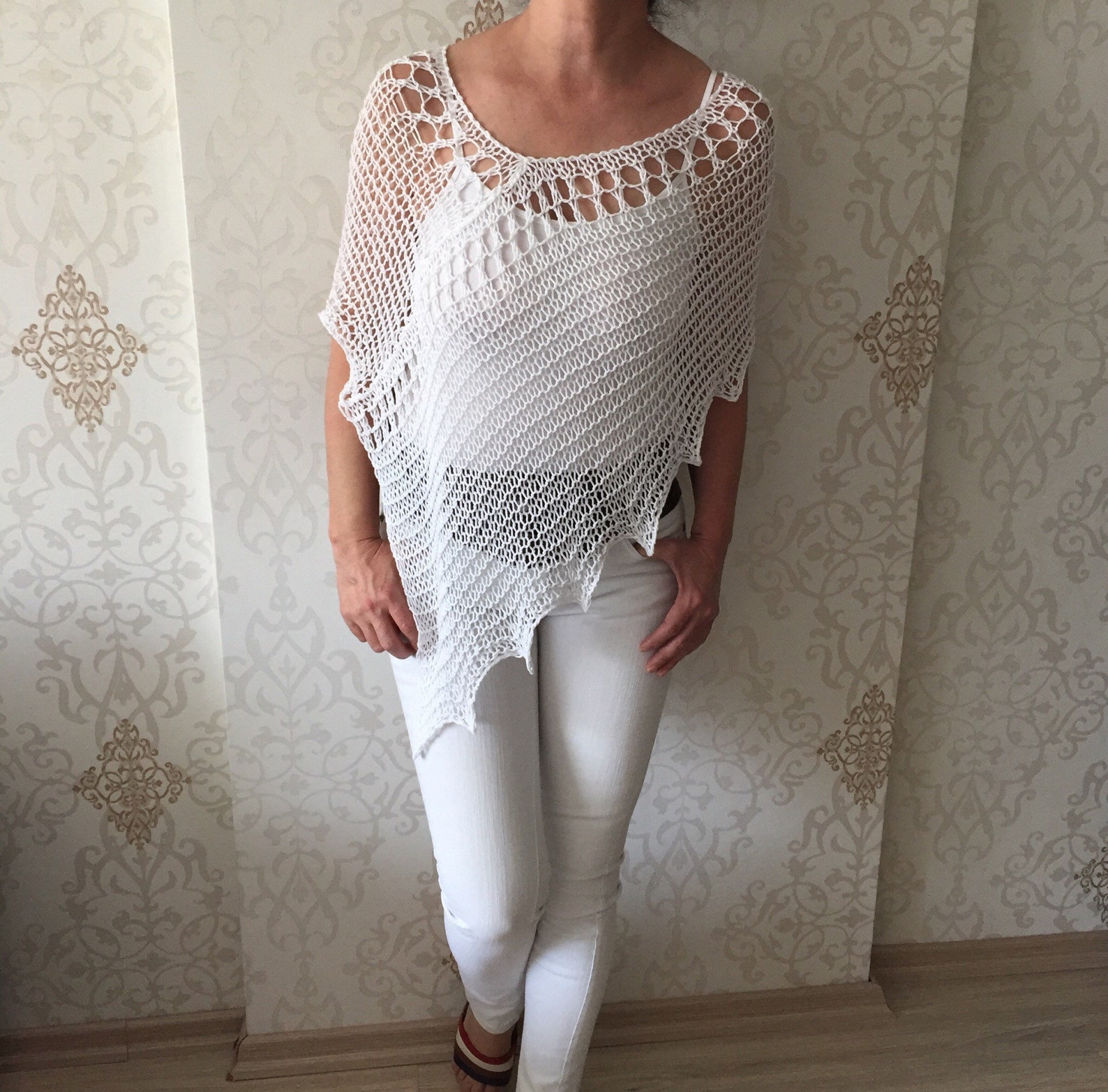 Summer Poncho , Knit Summer Poncho , Knitted Summer Wrap , White Summer ...