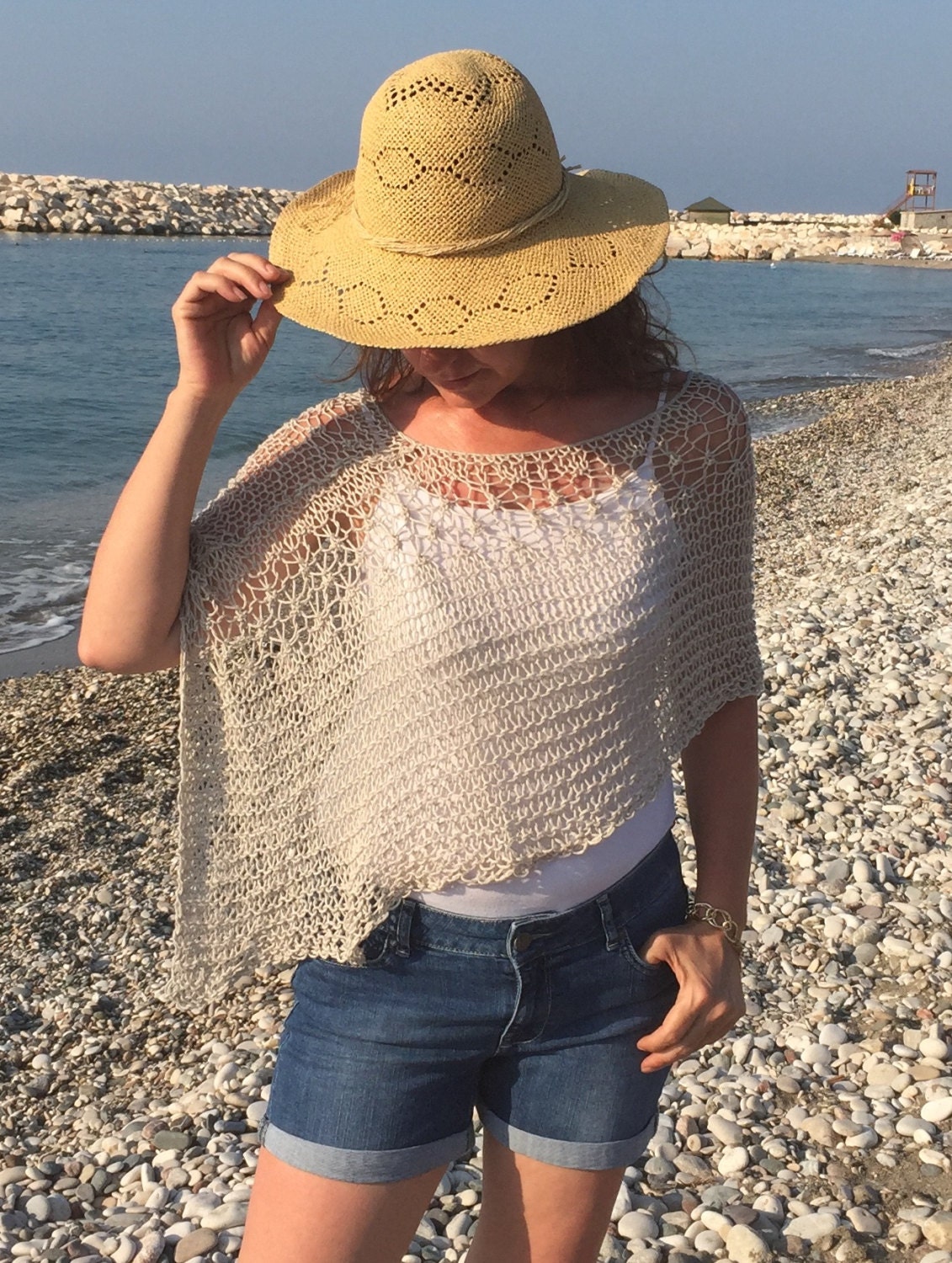 Cotton Summer Poncho, Loose Knit Top, Ivory Summer Wrap, Light Weiight ...