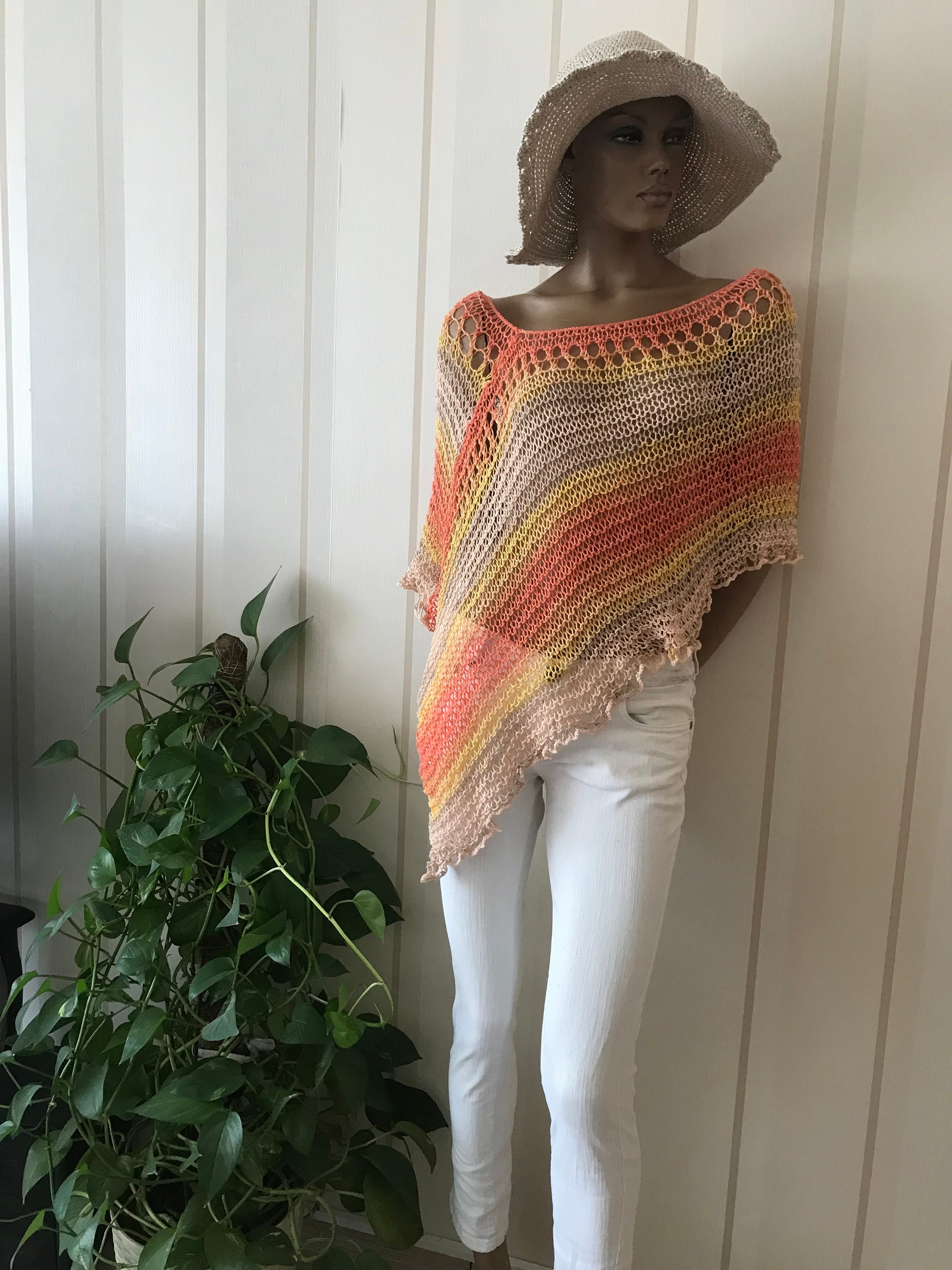 Knit Cotton Poncho, Summer Poncho Sweater, Light Weight Shrug, Woman ...