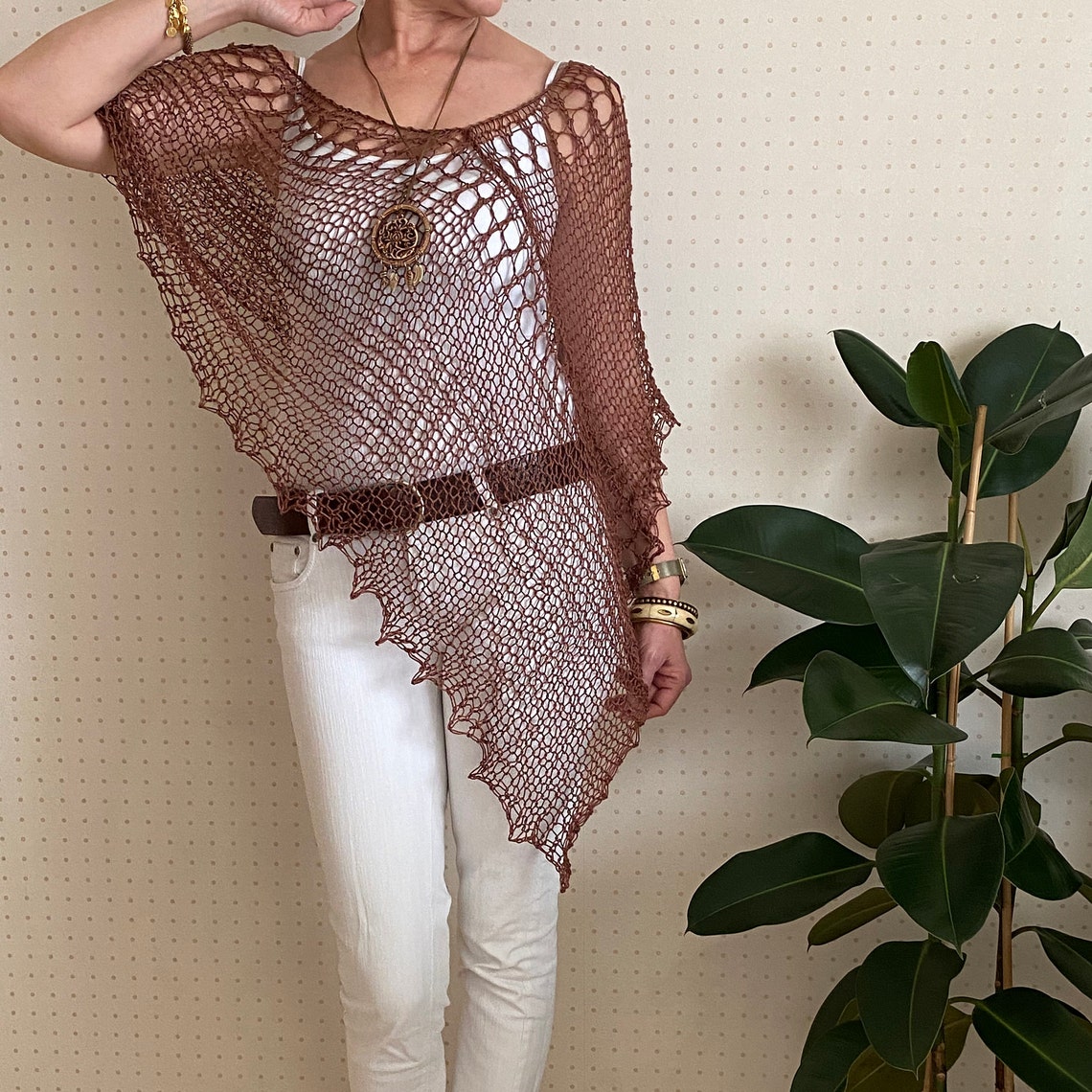 Summer Cotton Poncho for Women, Brown Chic Poncho, Bohemian Summer Wear ...