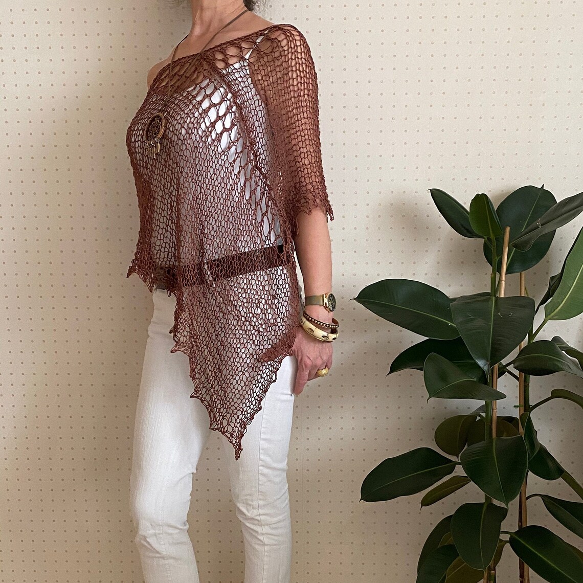 Summer Cotton Poncho for Women, Brown Chic Poncho, Bohemian Summer Wear ...