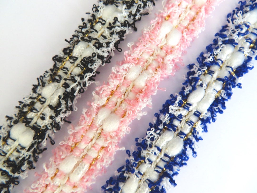 1m of Textured Boucle Frayed Edge Trimming, Black, Pink or Blue With ...