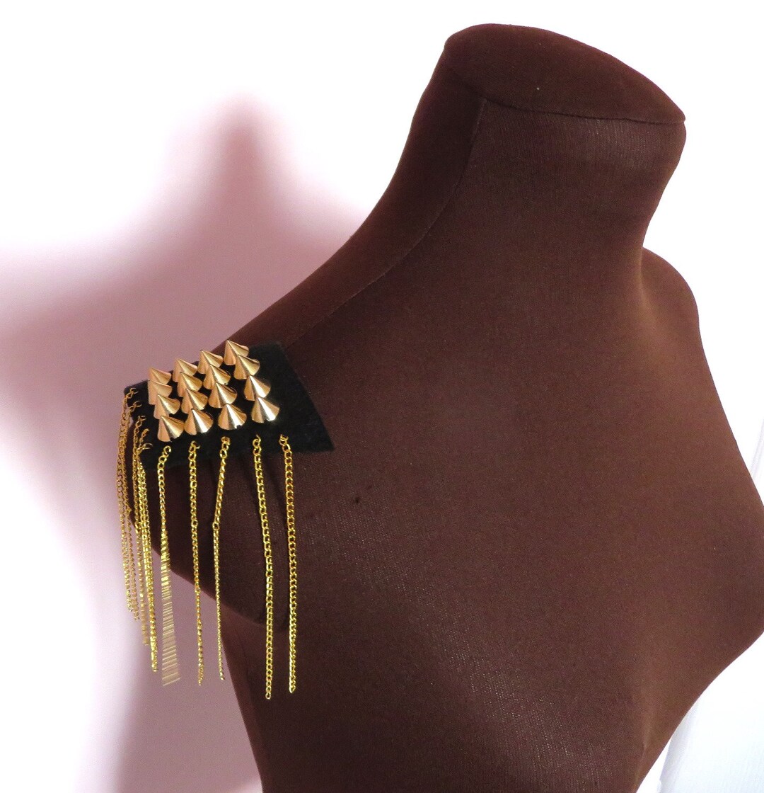 1 Pair of Shoulder Patch Trims Epaulettes, Black Felt With Gold Spikes ...
