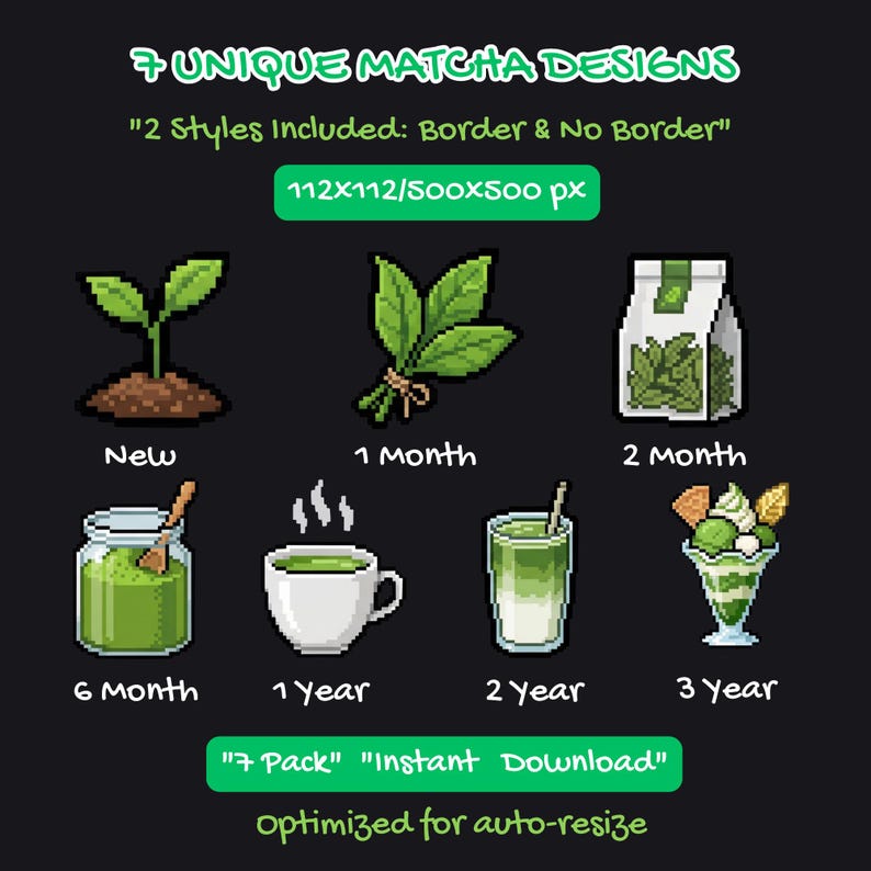 Matcha Pixel Art Sub Badges, Twitch Discord Streamer Loyalty Badges ...