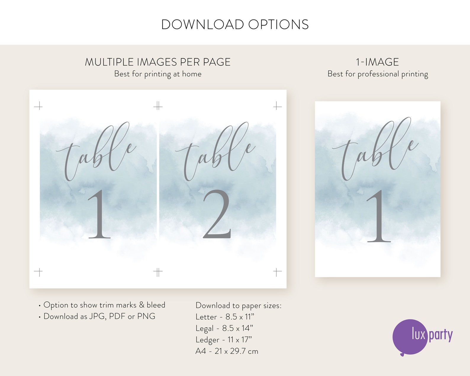 Table Numbers Template Blue Table Numbers Watercolor Table | Etsy