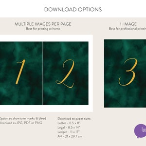 Printable Wedding Table Numbers, Emerald Green and Gold, Digital ...