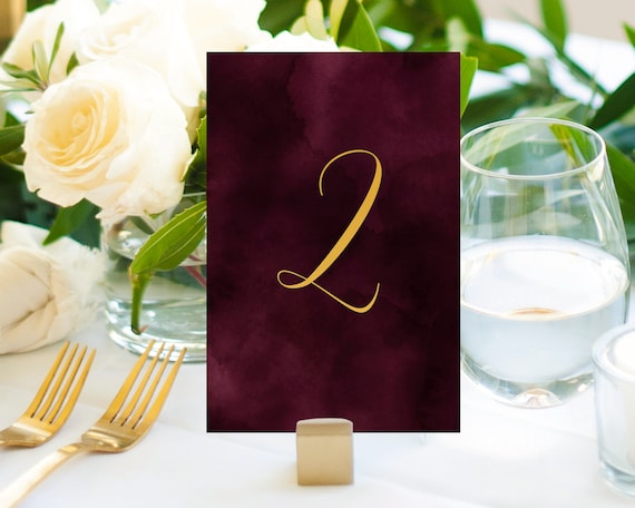 Table Numbers Template, Burgundy Table Numbers, Watercolor Table ...