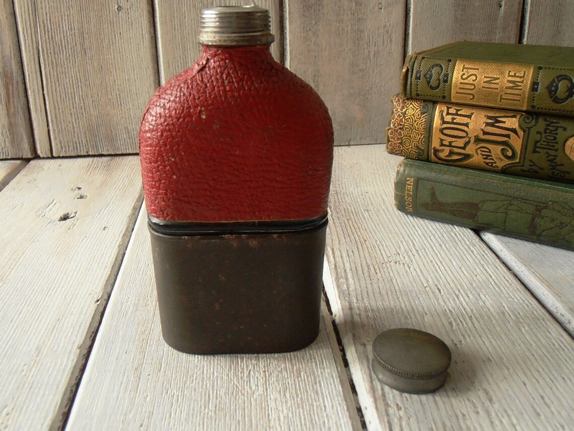 Antique WW1 Era Hip Flask. Half Red Leather Half White Metal - Etsy UK
