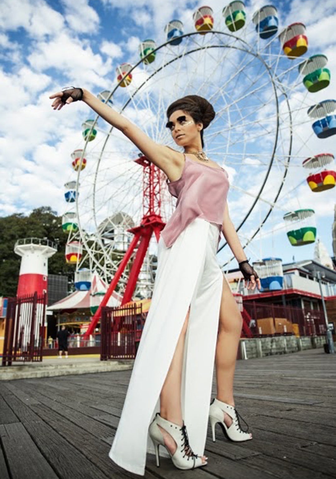 Sisi Cream High-waisted Thigh-high Double Slit Pants - Etsy