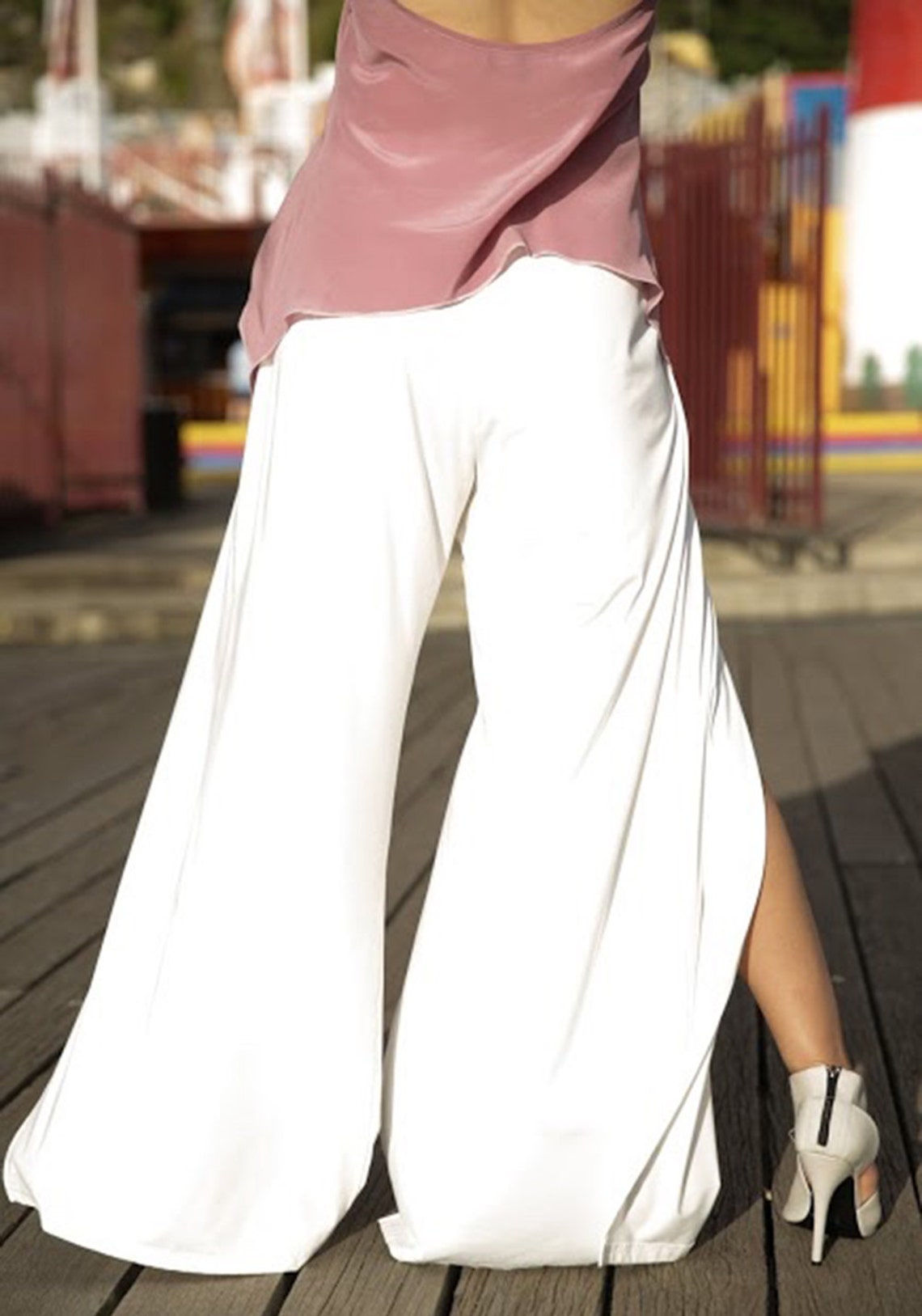 Sisi Cream High-waisted Thigh-high Double Slit Pants - Etsy