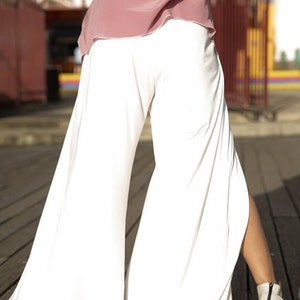 Sisi Cream High-waisted Thigh-high Double Slit Pants - Etsy