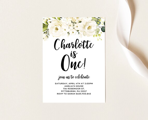One Birthday Invitation with White Roses First Birthday | Etsy
