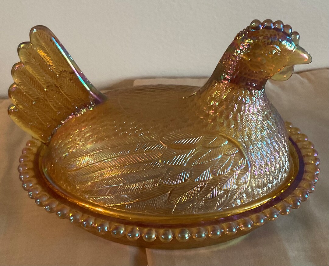 Amber Iridescent Carnival Glass Hen on Nest , Covered Candy Dish - Etsy