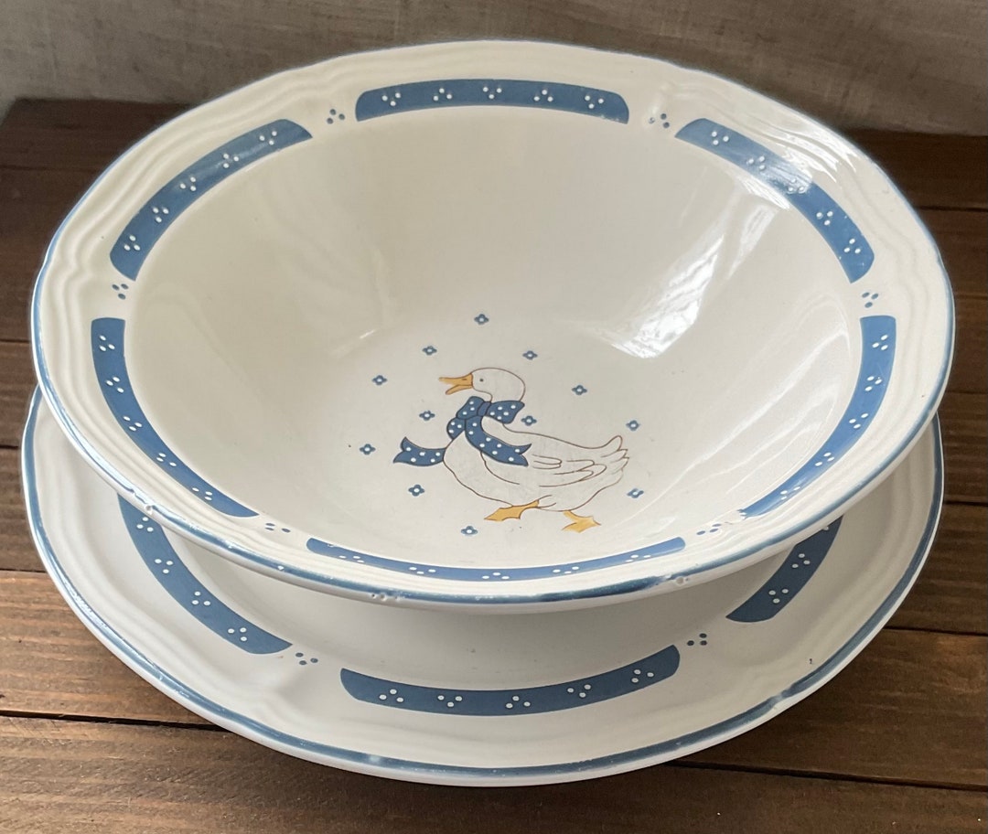 Country Goose Blue Bow Bread Plate and Salad Bowl - Etsy