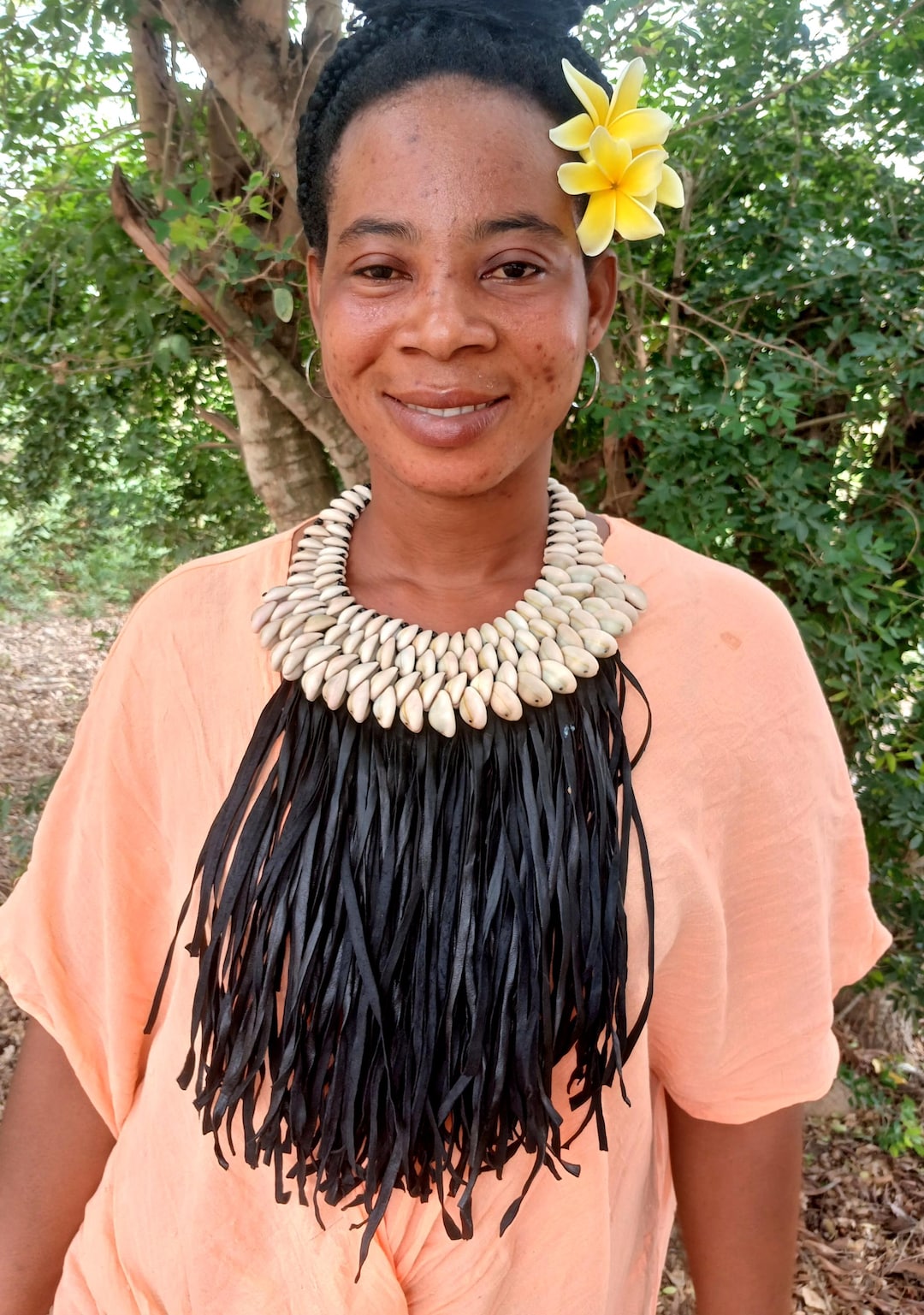 African Goat Leather Cascade Necklace, 170+ Leather Strings, Cowrie ...