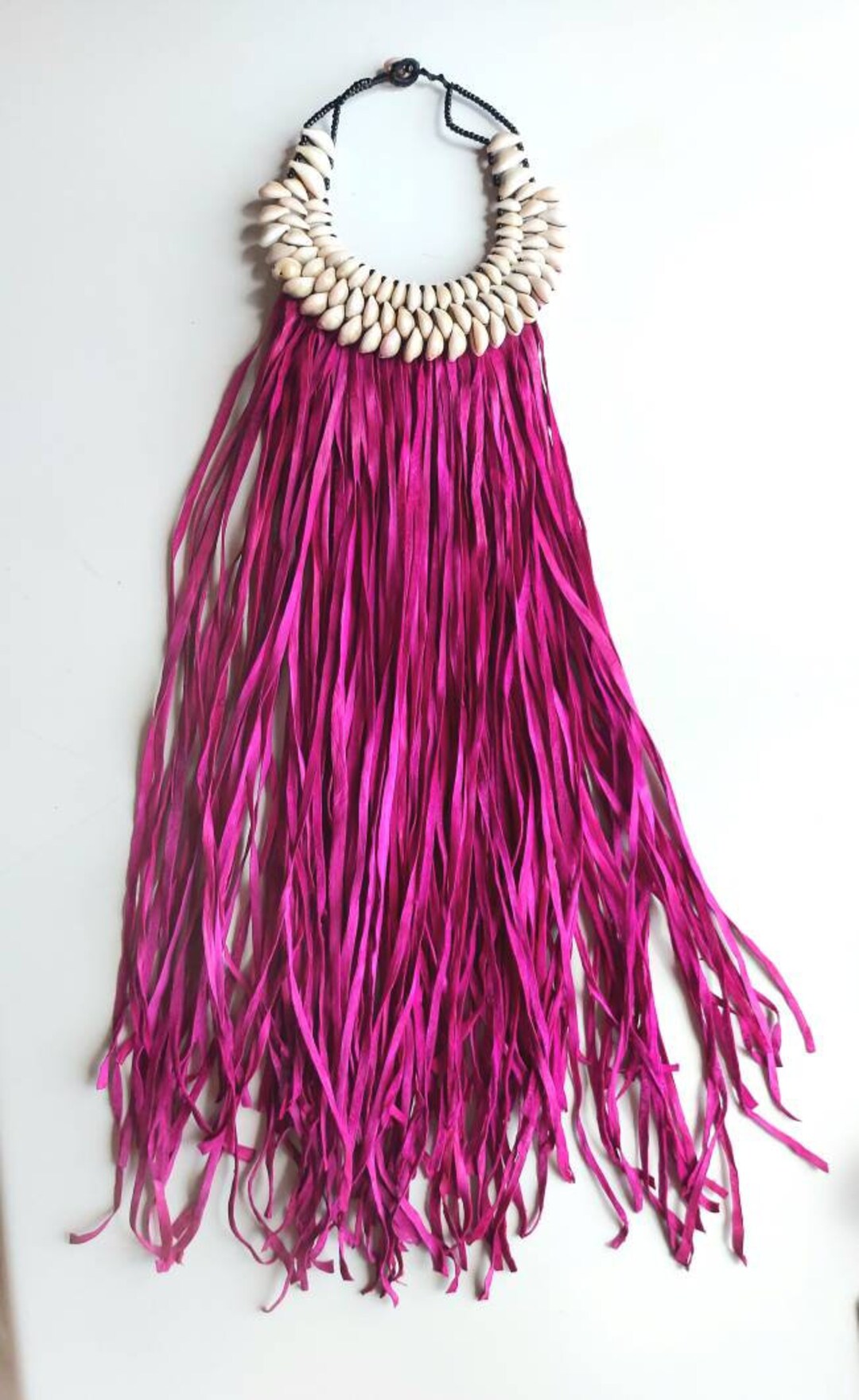 African Goat Leather Cascade Necklace, 140 Leather Strings, Cowrie ...