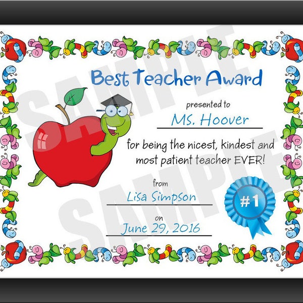 Best Teacher Award Certificate - Etsy
