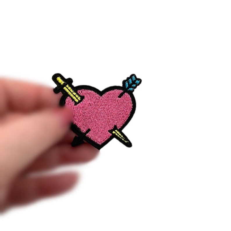 Dusky Pink Heart Iron on Patch, Embroidery Heart With Sword and Arrow ...