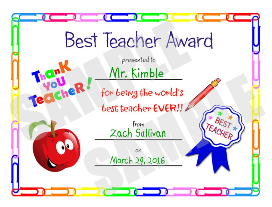 Certificate Best Teacher Kids Certificate Printable PDF Download Print ...