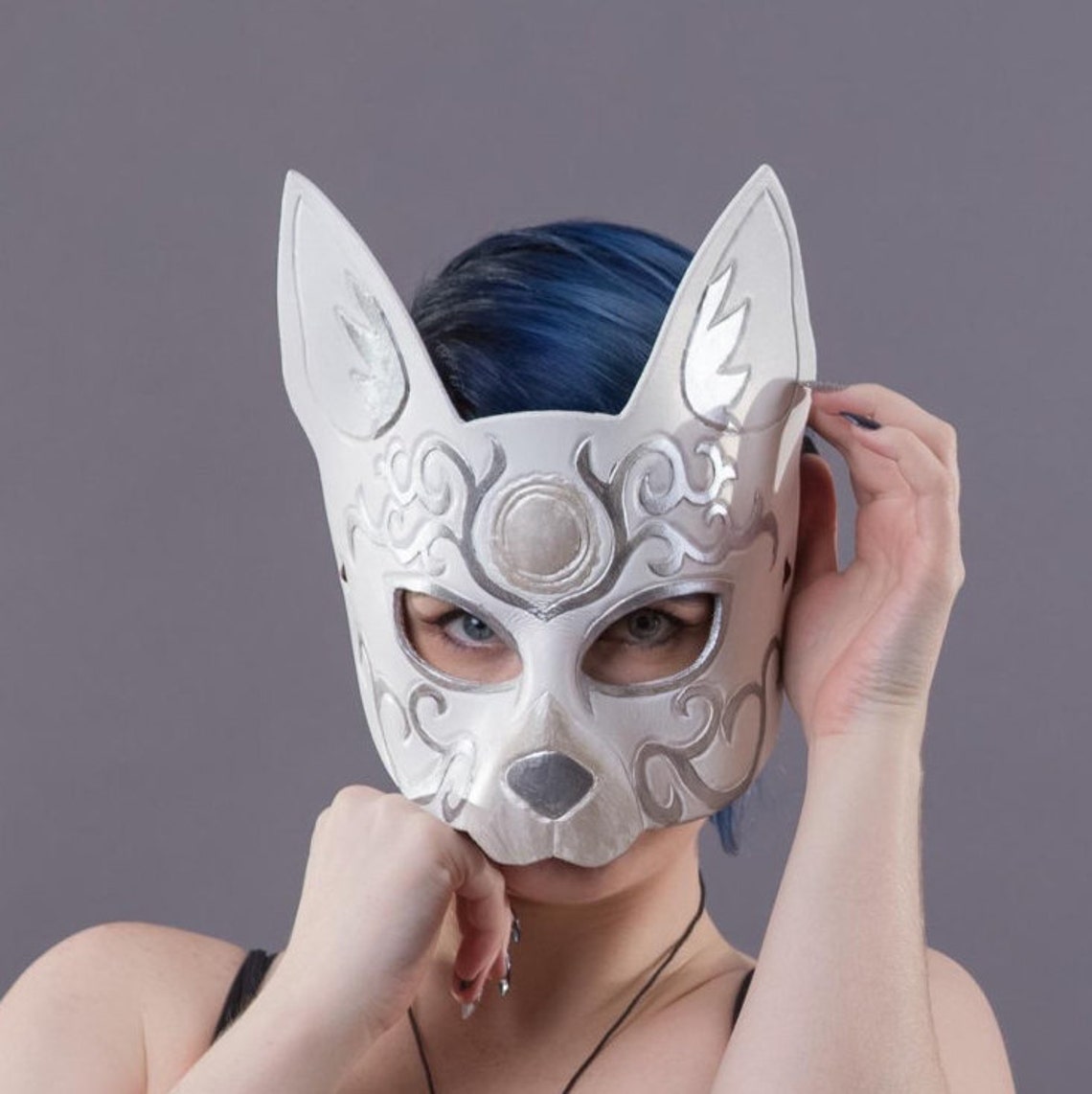 Leather Cat Mask in White Scroll Carving - Etsy