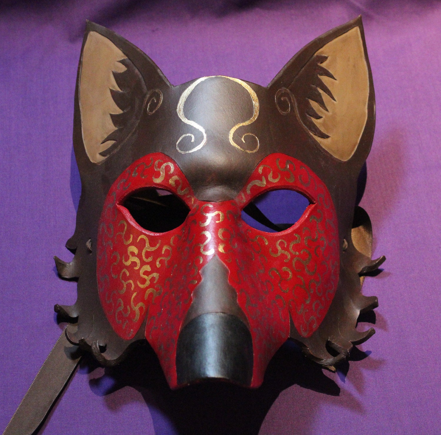 Leather Masquerade Wolf Mask. Brown, Red, and Gold Omega Design - Etsy