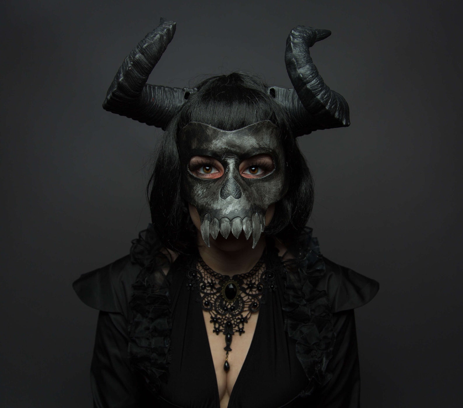 Leather Skull Mask - Black Bone Fang Design - Human Demon Grim Reaper ...