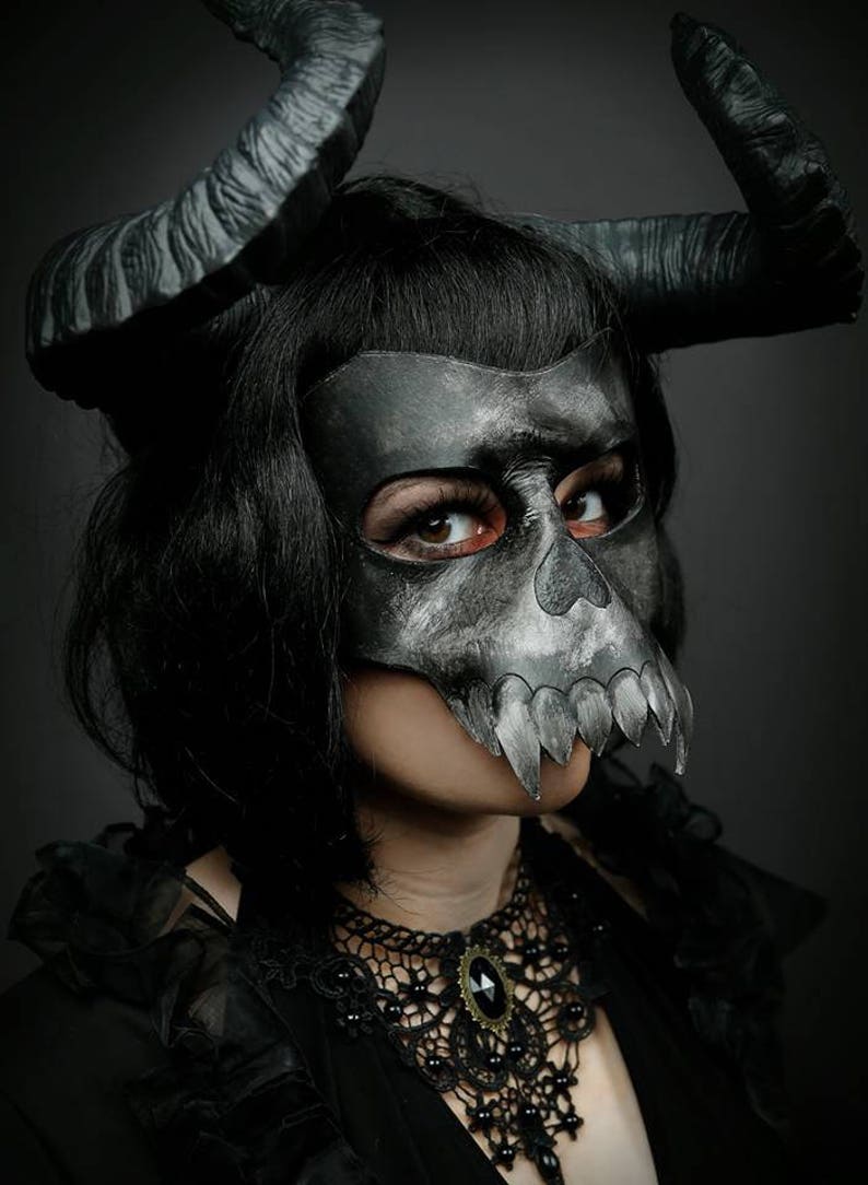 Leather Skull Mask Black Bone Fang Design Human Demon Grim - Etsy