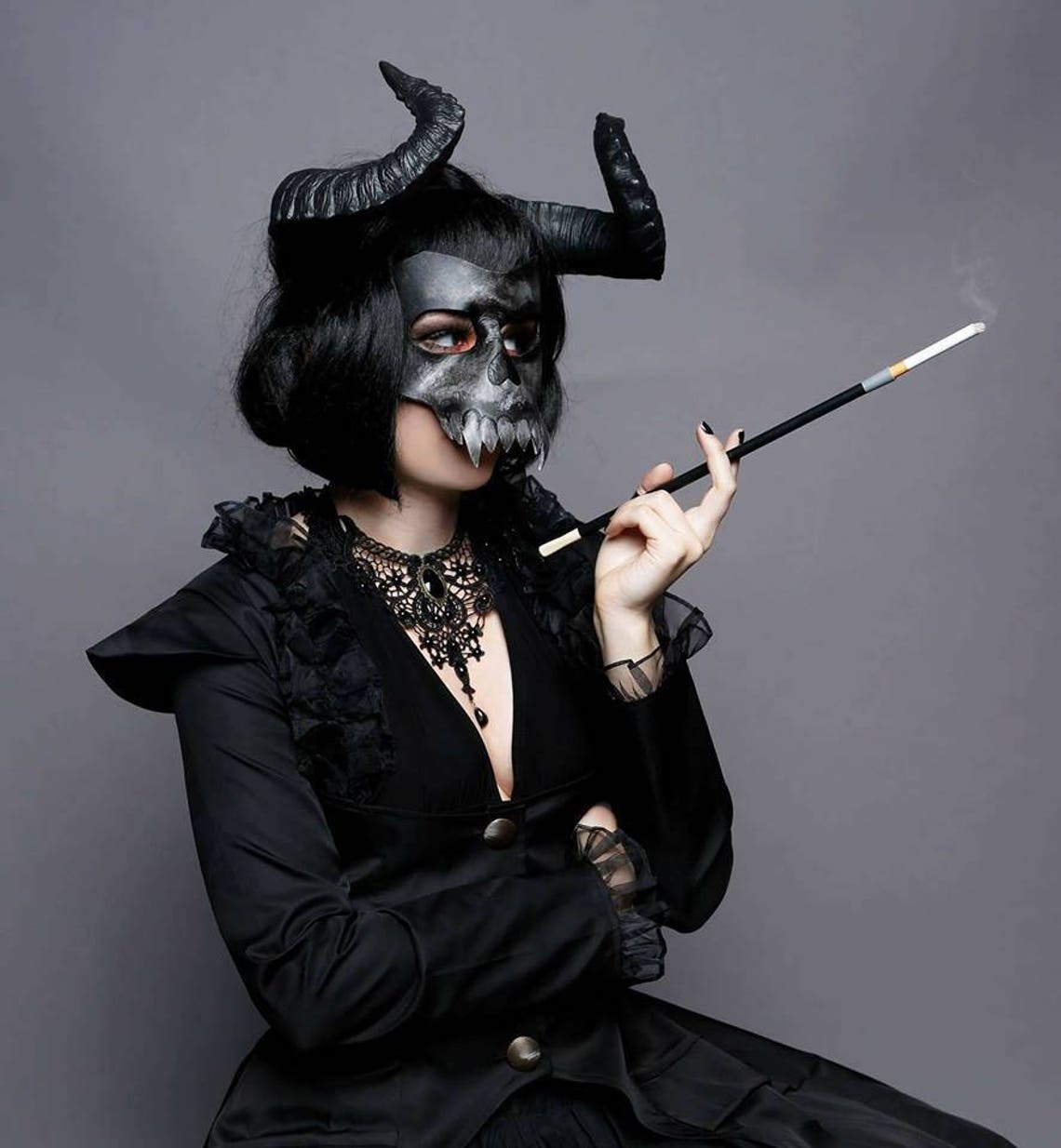 Leather Skull Mask Black Bone Fang Design Human Demon Grim - Etsy