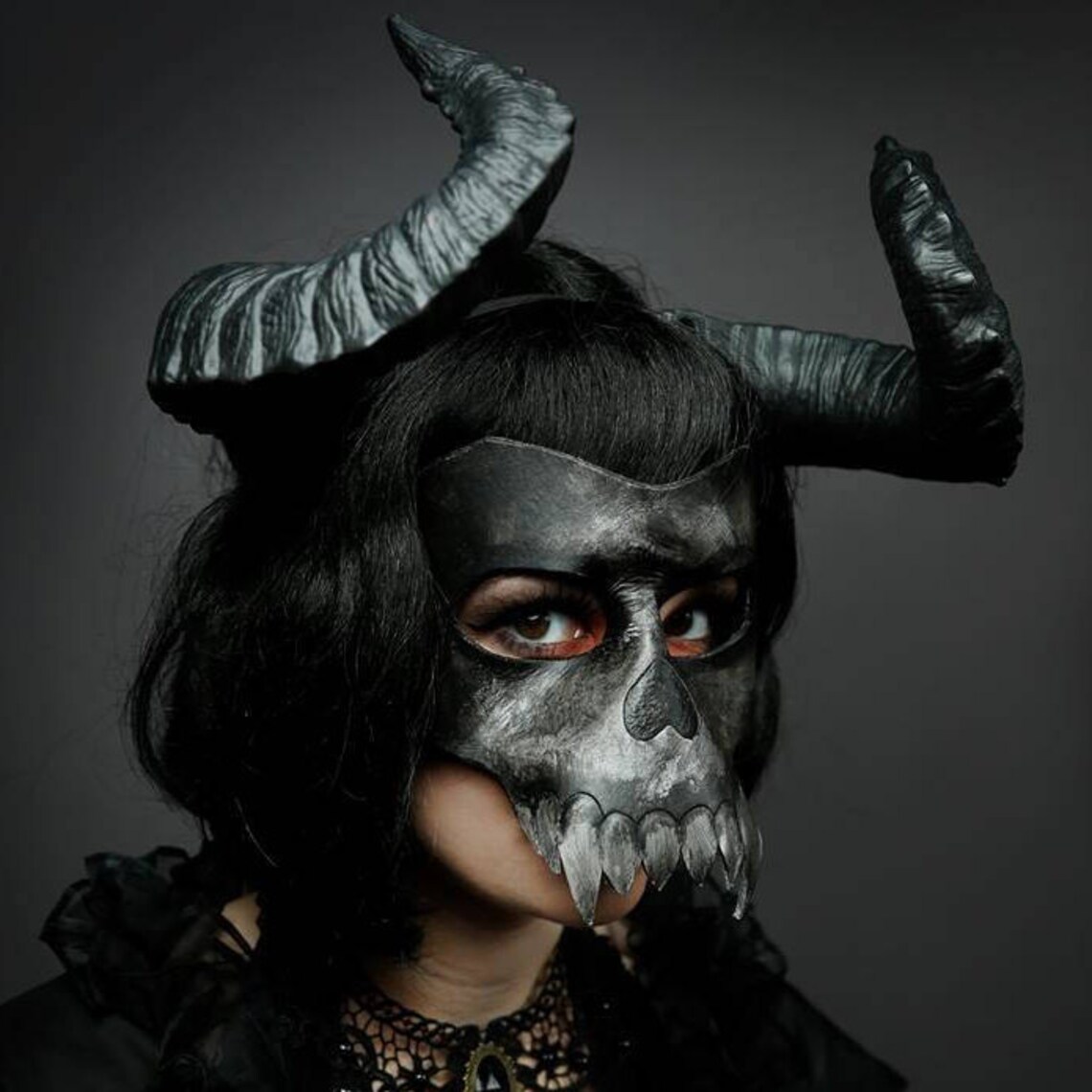 Leather Skull Mask Black Bone Fang Design Human Demon Grim - Etsy