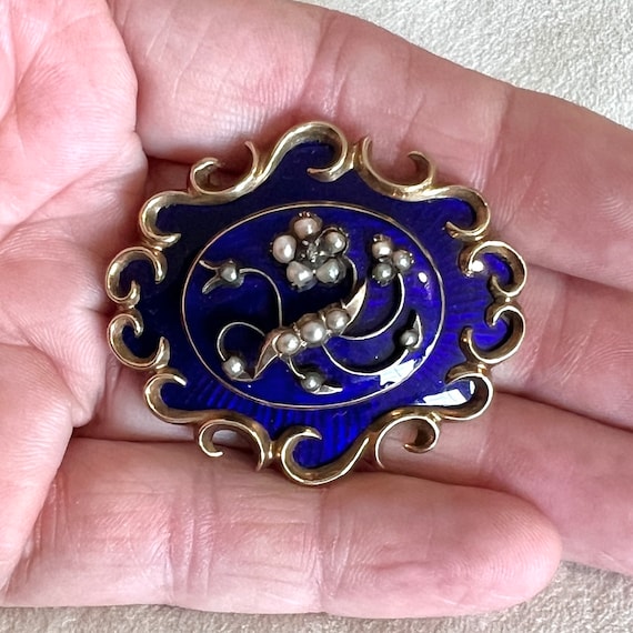 Antique Victorian Royal Blue Enamel Mourning Brooch - Gem