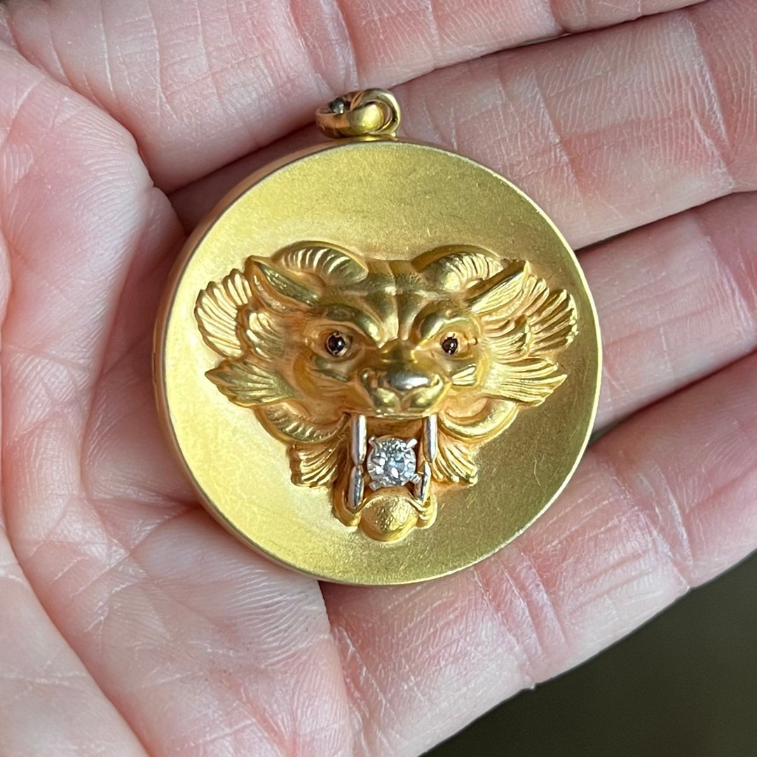 Large 10k Gold & Old Cut Diamond Victorian Chimera Lion Locket Bloomed ...
