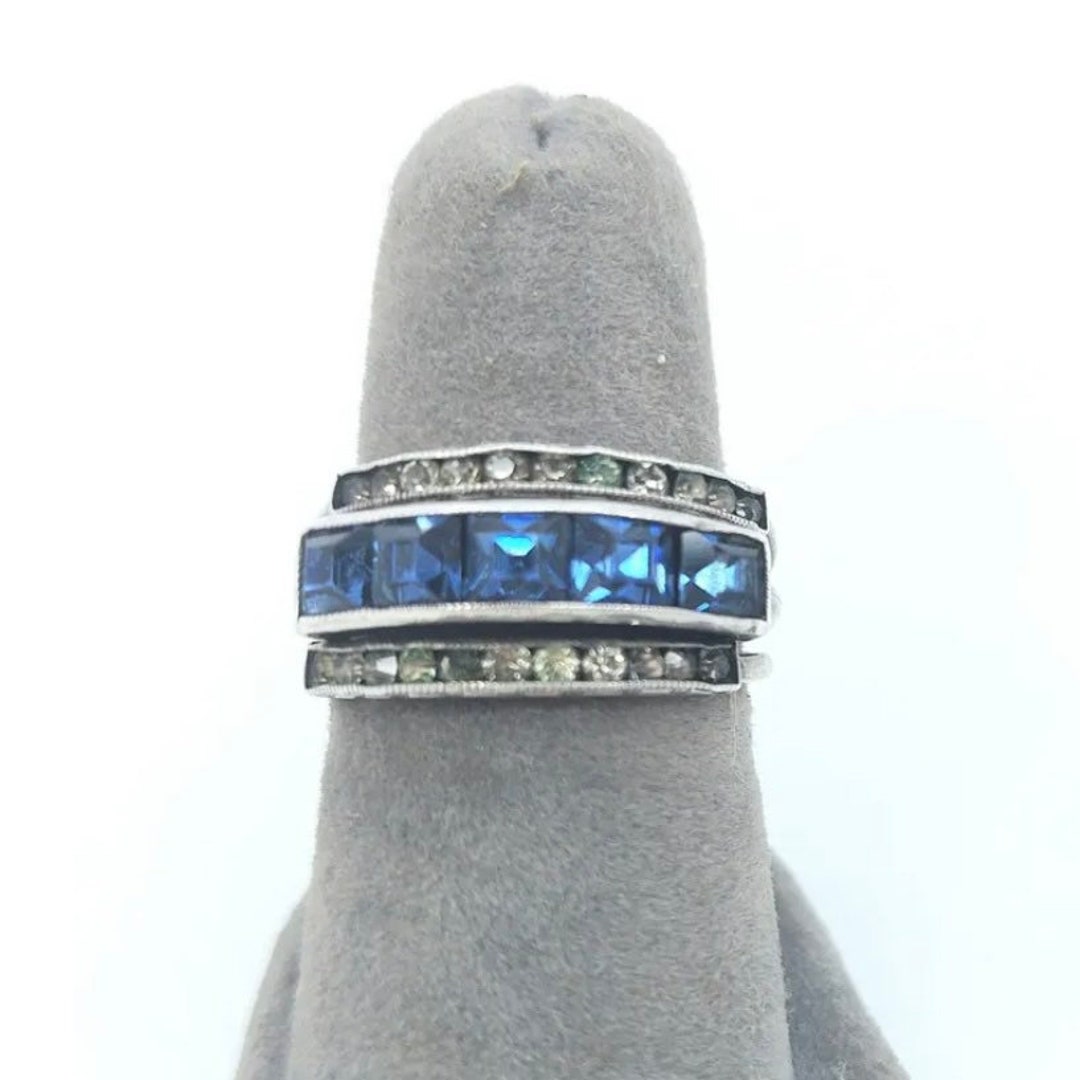 Art Deco Sterling Ring 3 Joined Rings Channel Set Blue and Clear Stone ...