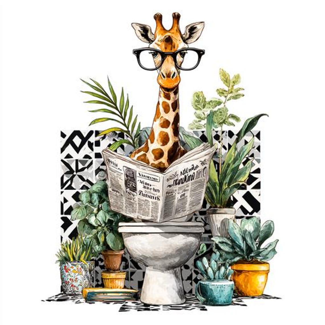 8 Quirky Giraffe on Toilet Clipart, Watercolor Printable, Funny ...