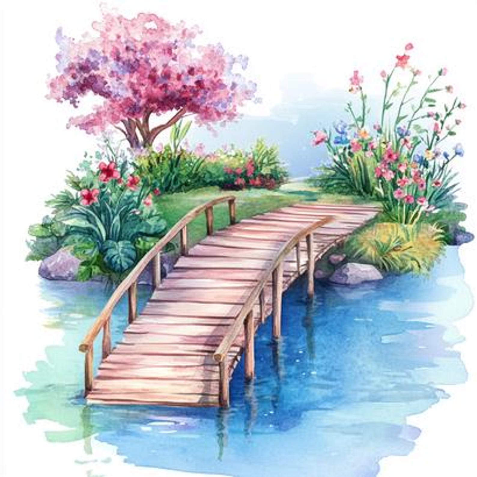 8 Wooden Footbridge Clipart on River Lake Digital Download Watercolor ...