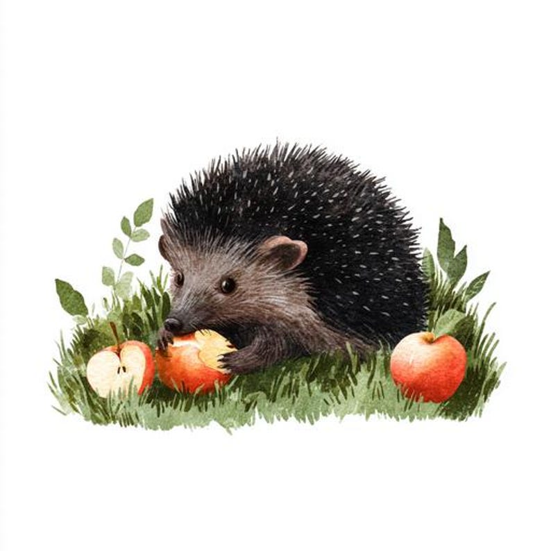 7 Hedgehog Clipart Eating Apples, Watercolor Printable, Card Making ...