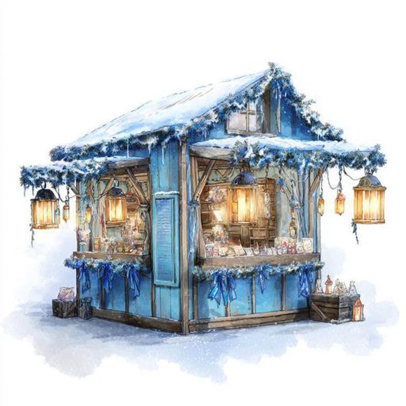 8 Snowy Market Stall Clipart, Christmas Holiday Watercolor Printable ...