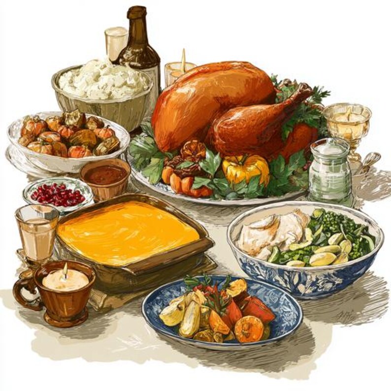 8 Thanksgiving Dinner Table Clipart, Watercolor Printable, Digital ...