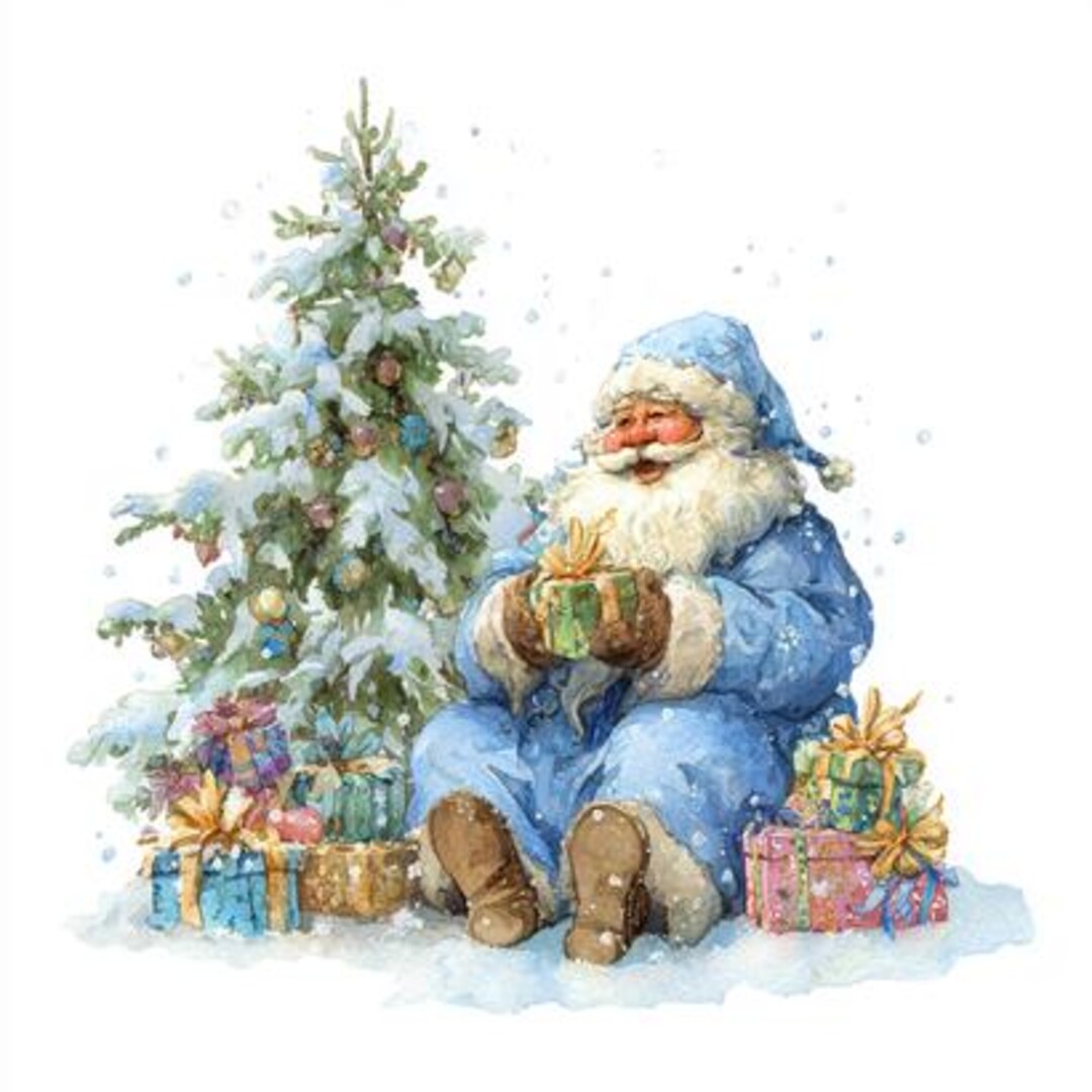 8 Happy Blue Santa Claus Clipart, Christmas Cards, Watercolor Printable ...