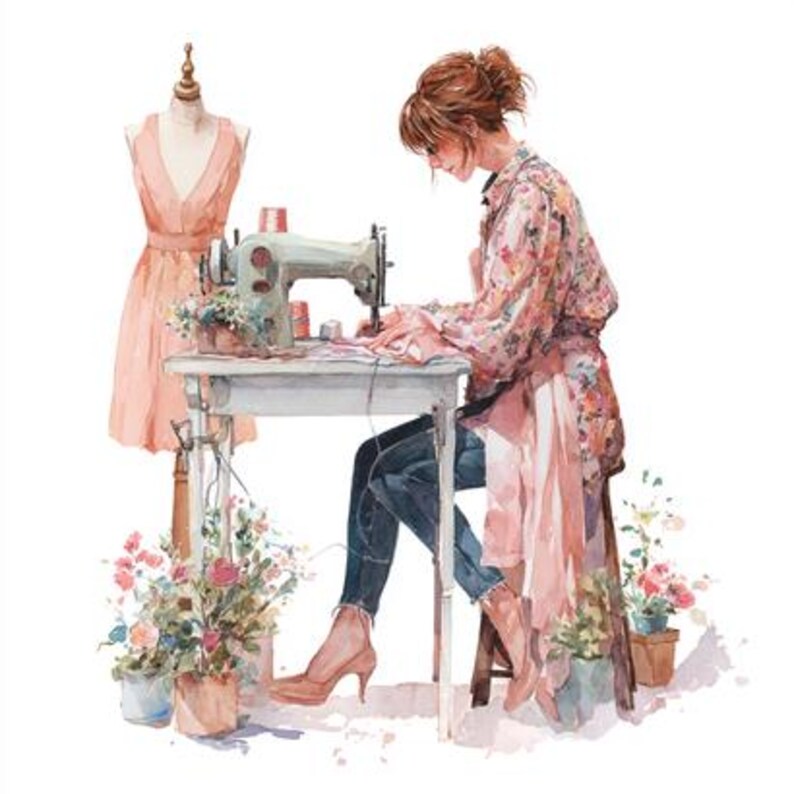 8 Young Woman Sewing Seamstress Clipart Watercolor Printable High ...