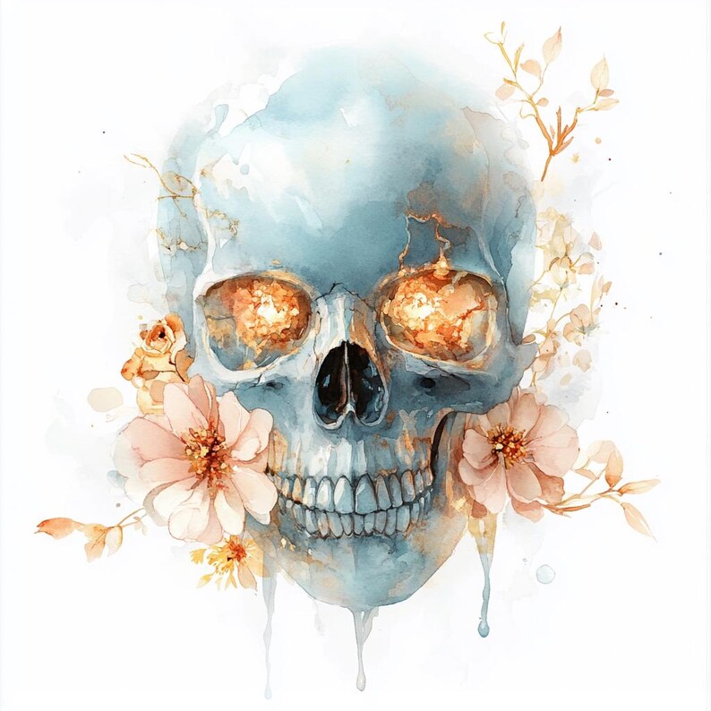 8 Calaveras de terror Clipart Halloween Acuarela Floral Escalofriante ...