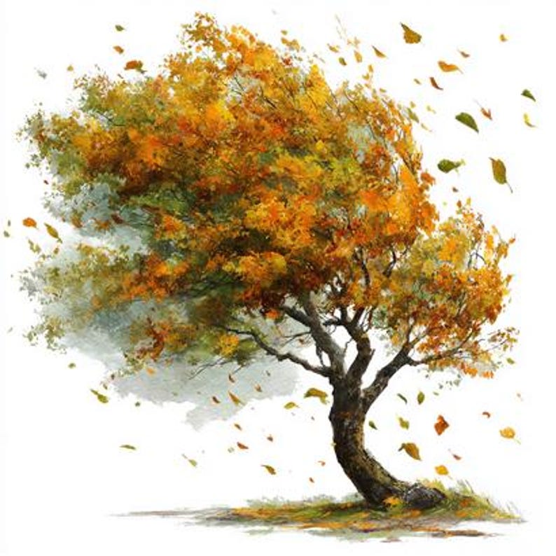 8 Fall Tree Stormy Clipart Autumn Leaves Watercolor Rain Scenery High ...
