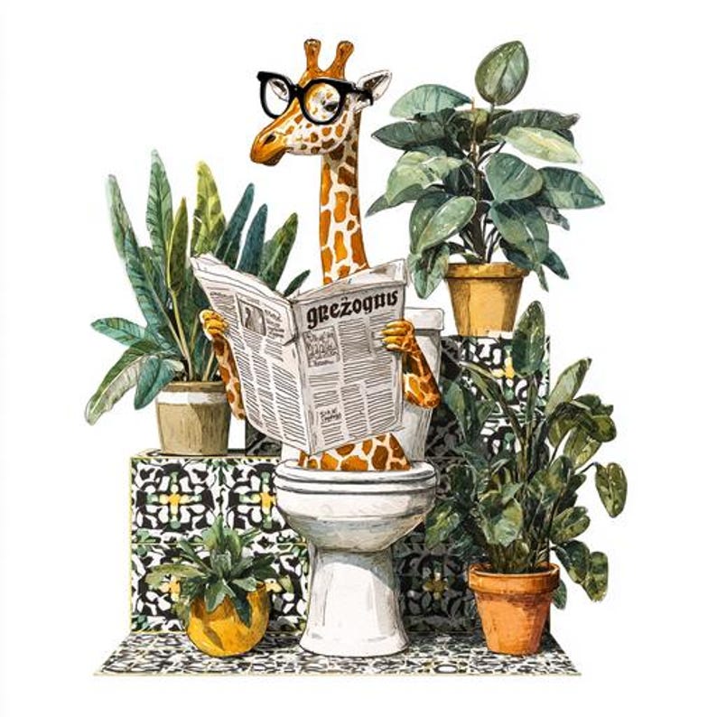 8 Quirky Giraffe on Toilet Clipart, Watercolor Printable, Funny ...