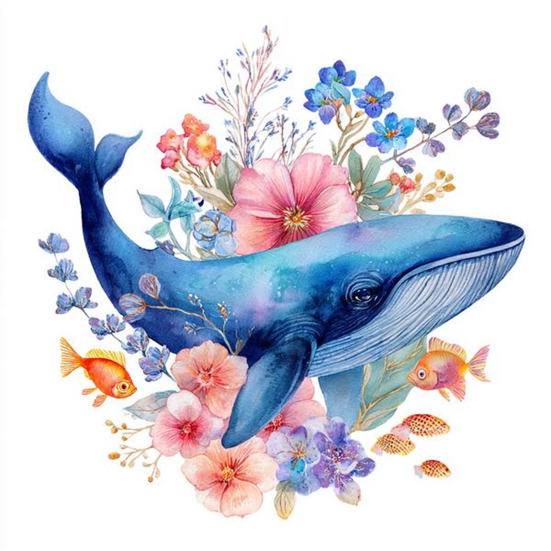 8 Baby Whale Clipart, Floral, Watercolor Printable, Digital Download ...