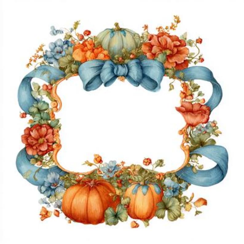 8 Boho Pumpkin Border Clipart Frame Flowers Leaves Wreath Watercolor ...