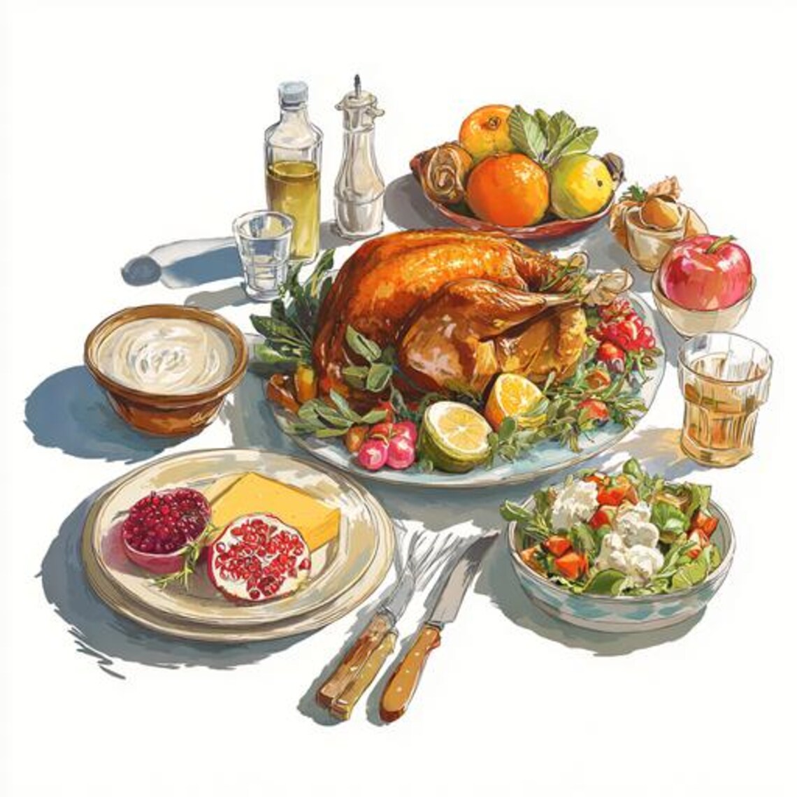 8 Thanksgiving Dinner Table Clipart, Watercolor Printable, Digital ...