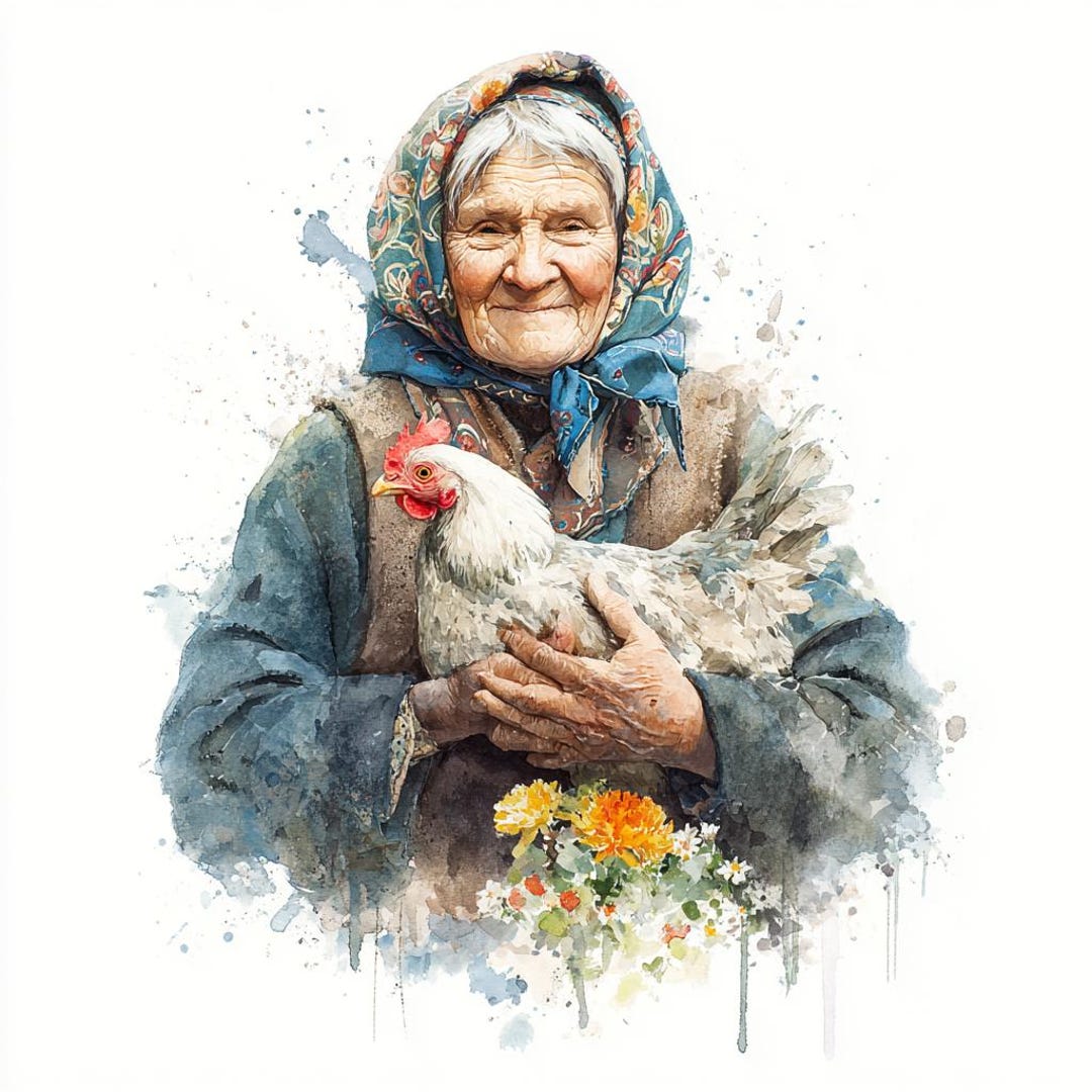 8 Old Farm Lady Clipart Vintage Grandma With Chicken Rustic Village ...