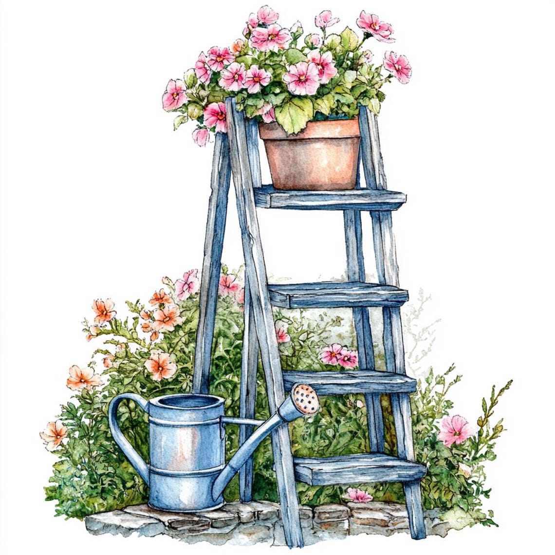 8 Floral Wooden Step Ladder With Roses Flowers Watercolor Printable ...