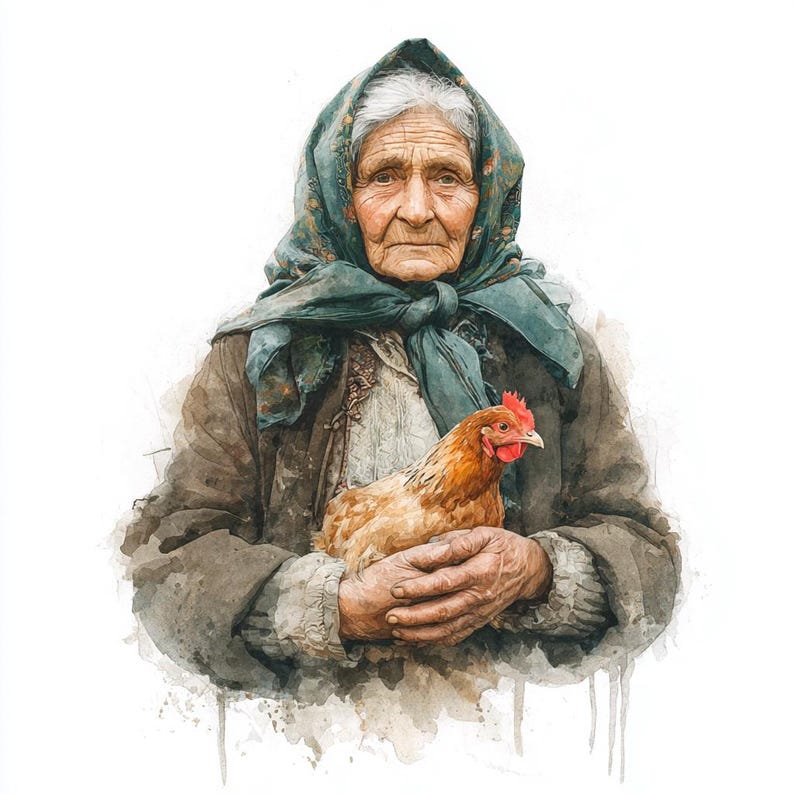 8 Old Farm Lady Clipart Vintage Grandma With Chicken Rustic Village ...
